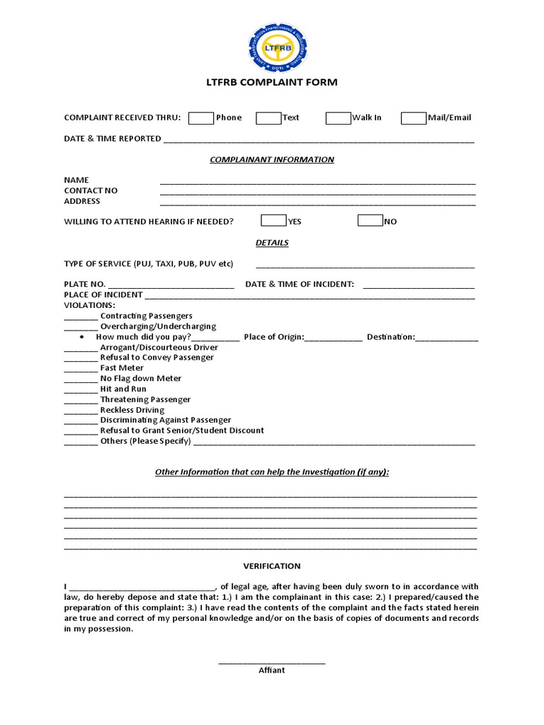LTFRB Complaint Form | PDF