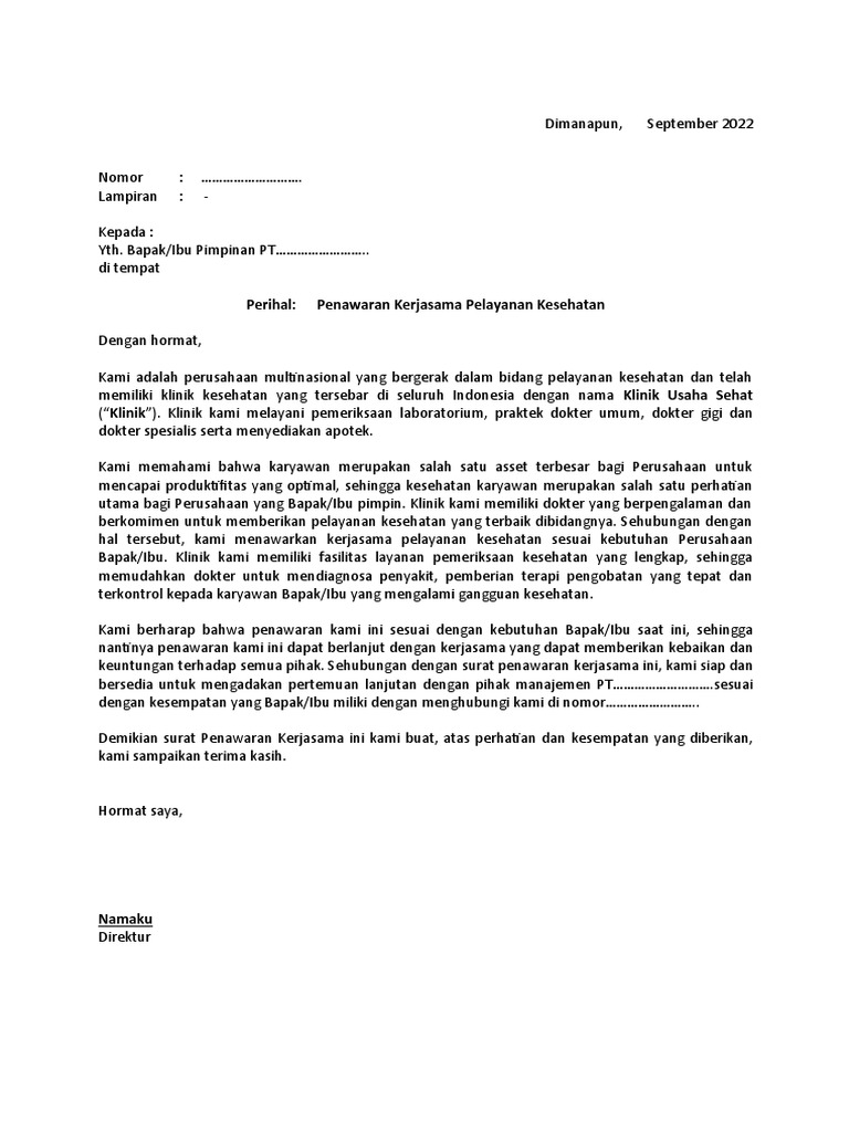 Draft Surat Penawaran Kerjasama Kesehatan Klinik Ke Perusahaan | PDF | Karier & Perkembangan ...