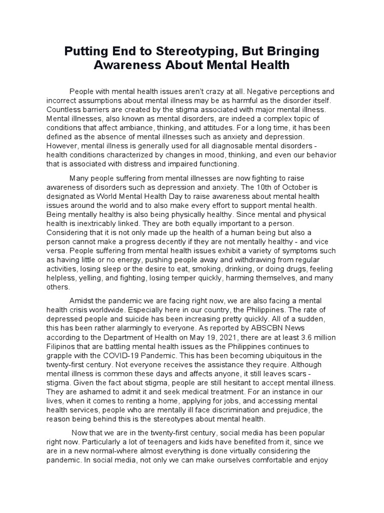 Essay On Mental Health Awareness | PDF | Mental Disorder | Social Stigma