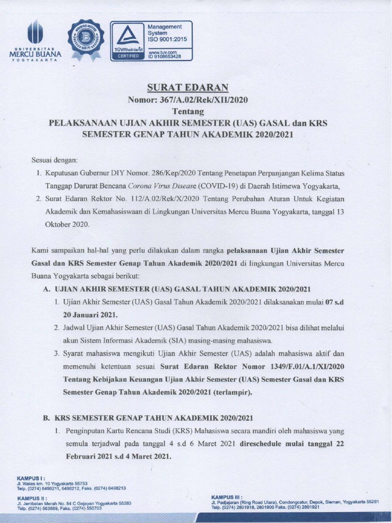 Surat Edaran Pelaksanaan UAS Gasal 2020 2021 Dan KRS Genap 2020 2021 Rev Dan Lampiran Kebijakan ...