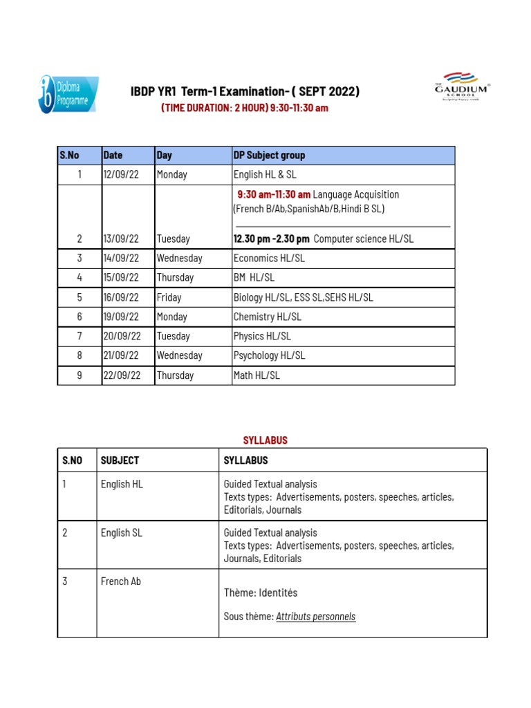 IBDP YR 1 Term-1 Time Table Syllabus Gudelines Sept - 2022 | PDF ...