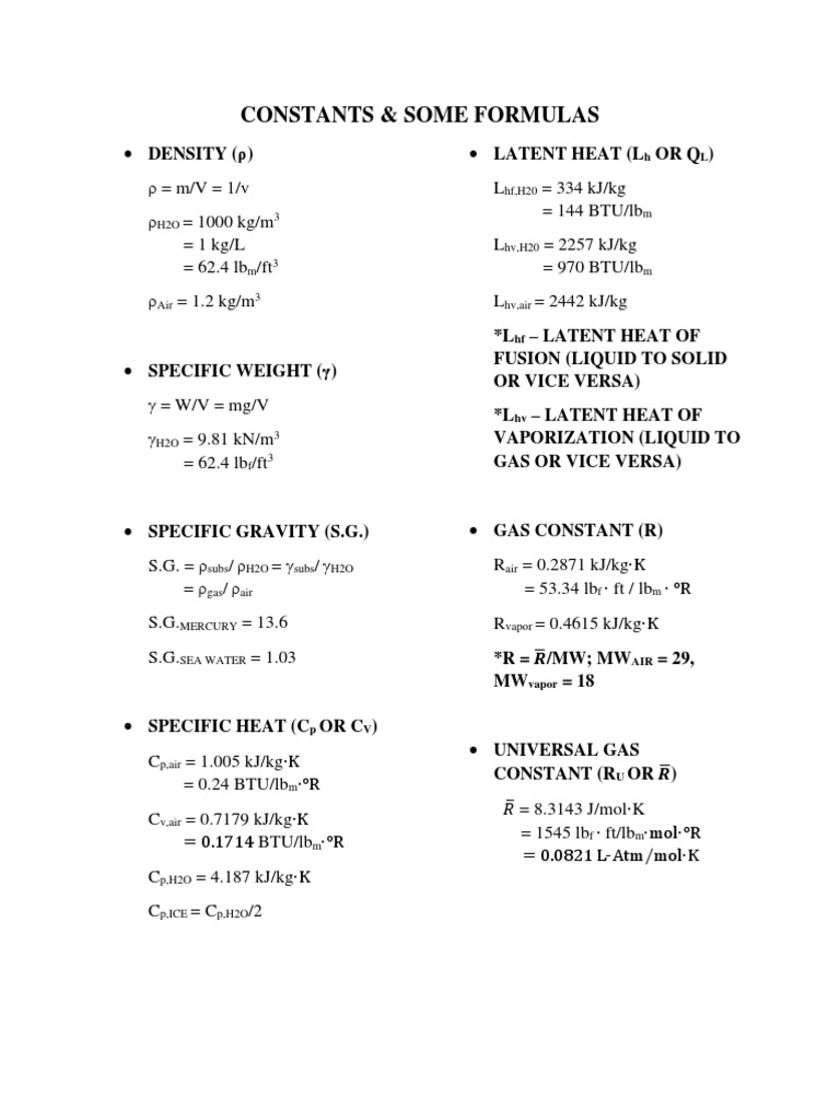 Constants Some Formulas | PDF | Gases | Chemistry