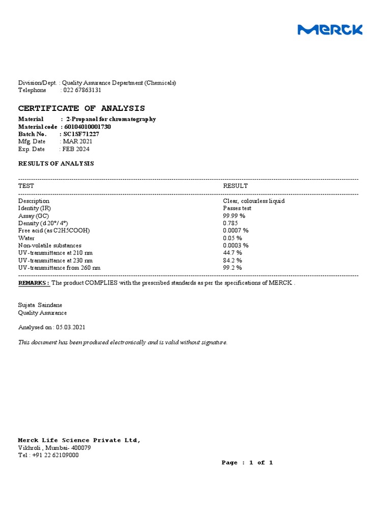 2propanol For Chromatography 1Lt (Merck) COA - SC1SF71227C | PDF