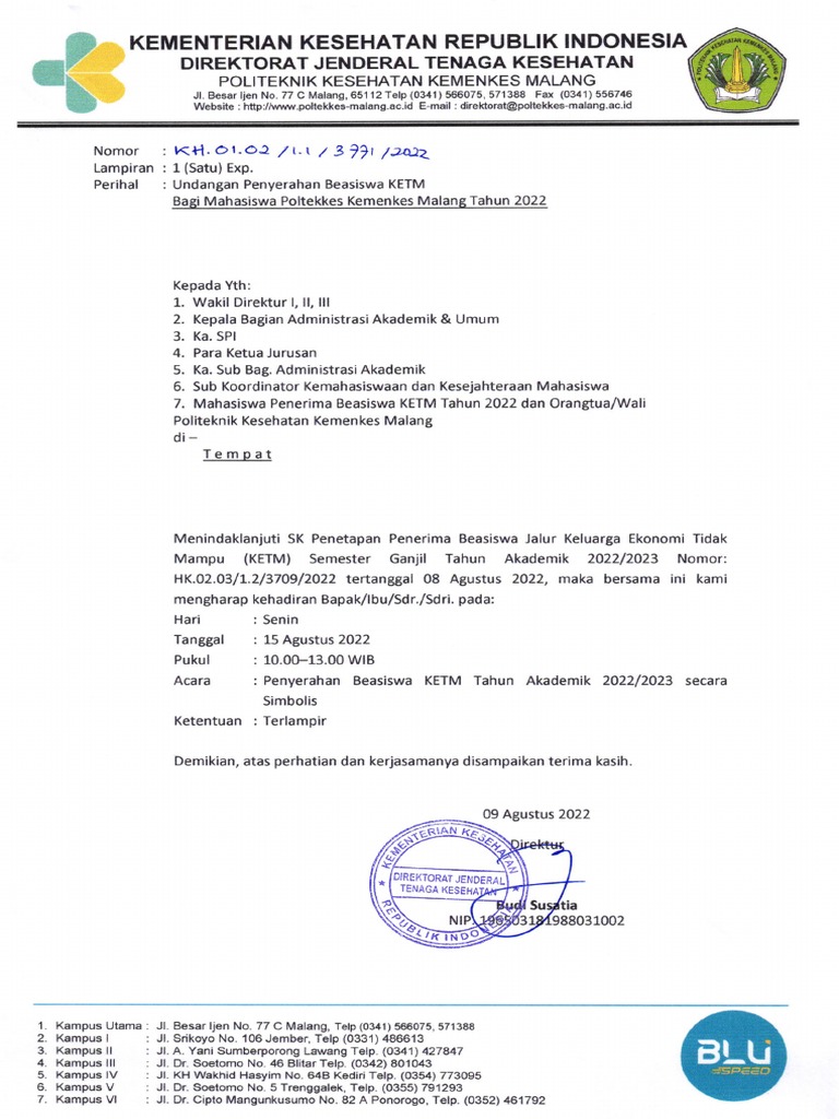 Surat No. 3771 Undangan Penyerahan Beasiswa KETM Polkesma Thn. 2022 | PDF