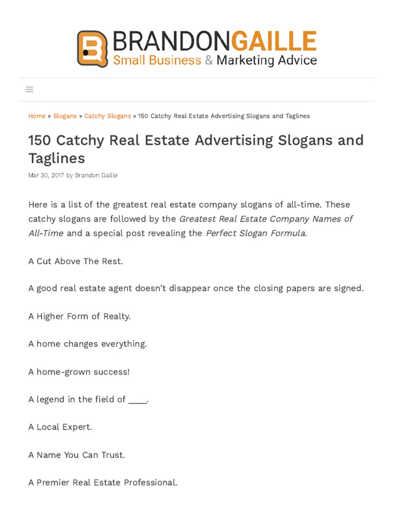 150 Catchy Real Estate Advertising Slogans and Taglines | PDF | Blog ...