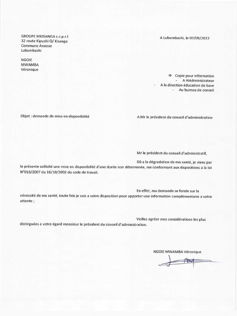 Lettre Mise en Disponibilité | PDF Lettre Mise en Disponibilité | PDF