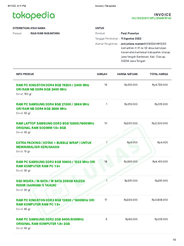 Invoice Pembelian RAM & SSD Tokopedia | PDF