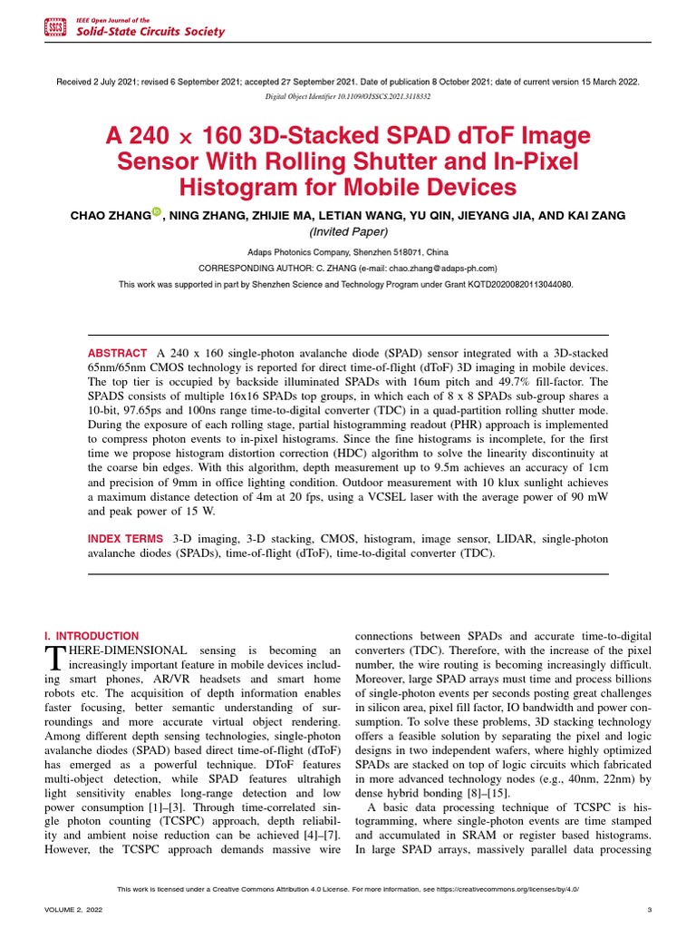 A 240 160 3D-Stacked SPAD dToF Image Sensor With Rolling Shutter and In-Pixel Histogram For ...