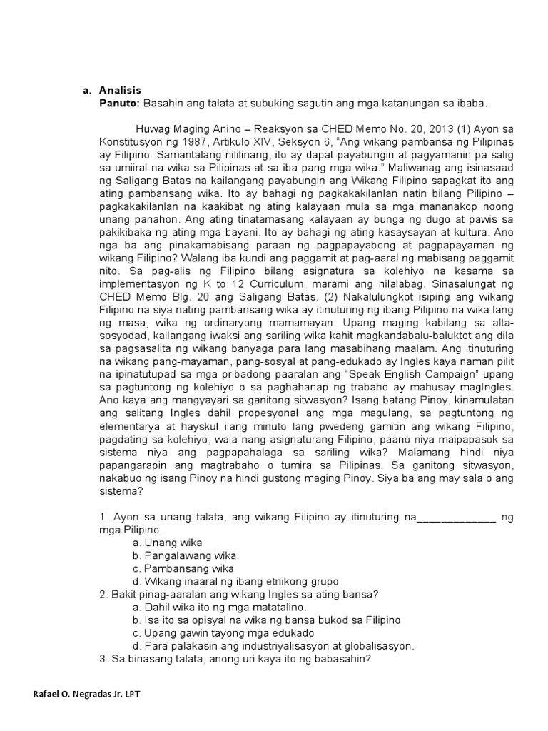 A. Analisis Panuto: Basahin Ang Talata at Subuking Sagutin Ang Mga ...