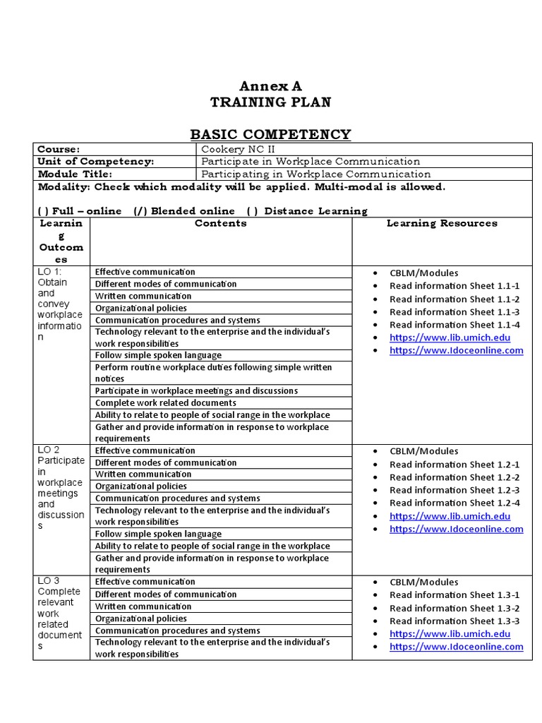 Cookery NC II Training Plan New Normal | PDF | Occupational Safety And ...