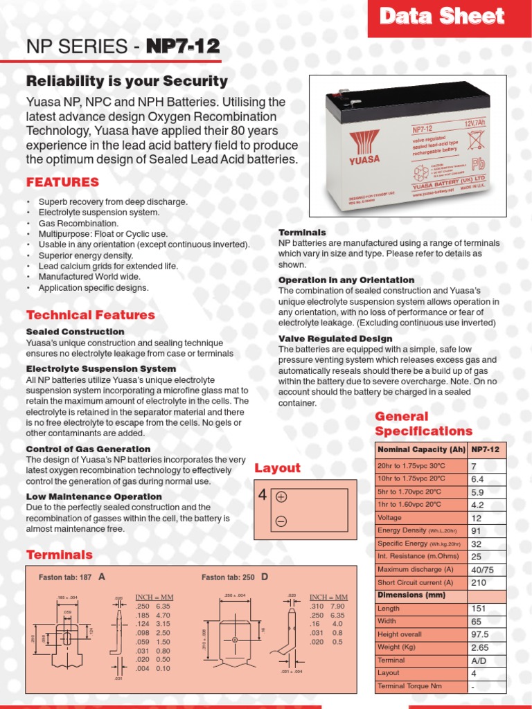 Yuasa NP7 12 | PDF | Battery (Electricity) | Battery Charger