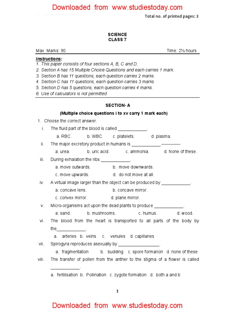 Cbse Class 7 Science Sample Paper Set 1 | PDF | Flowers | Water