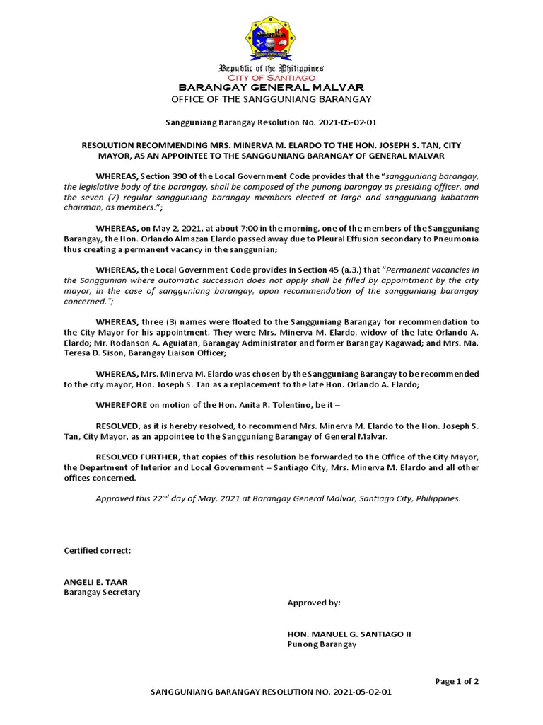 Resolution Recommending Mrs. Minerva M. Elardo as an Appointee to Fill ...