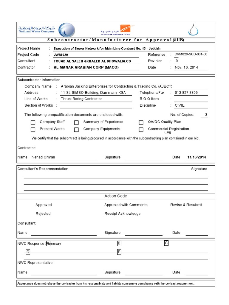 1 PMF 012 COM 009 - v2 - Subcontractor - Submittal - Form 029 | PDF ...