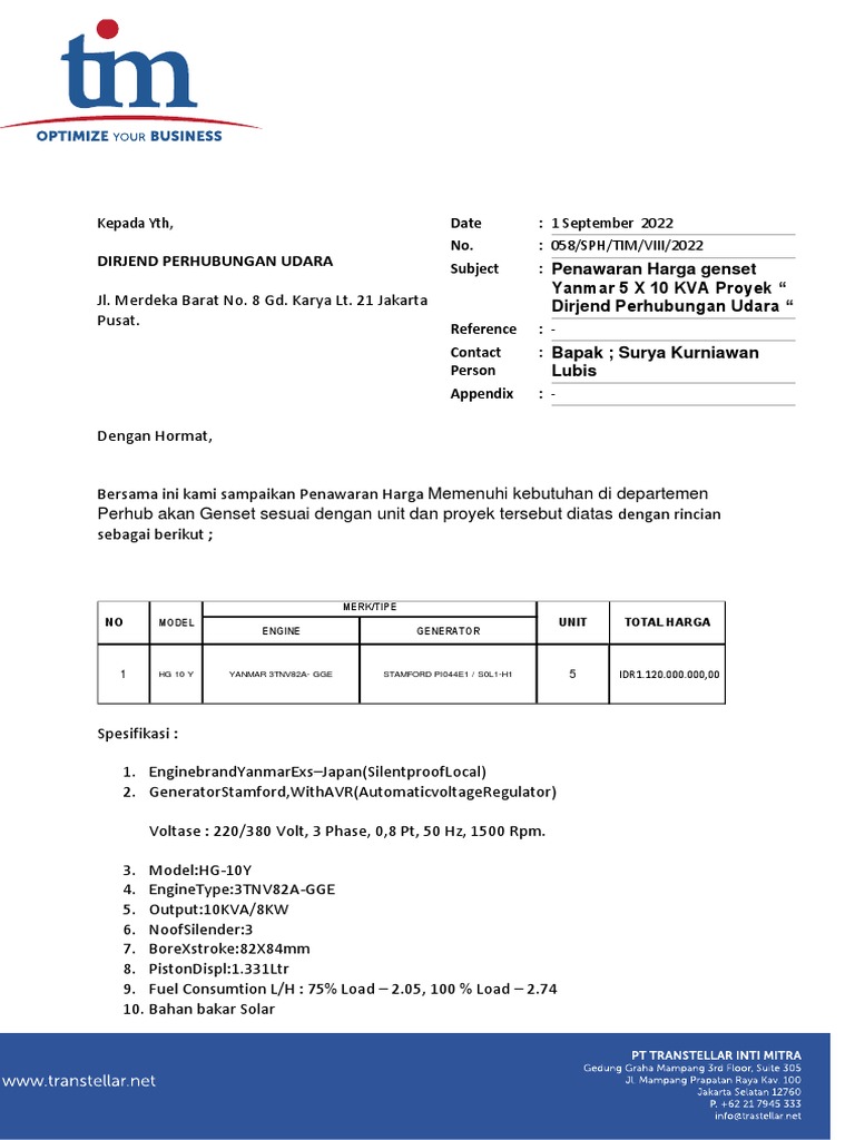 Penawaran Harga TIM Genset " Dirjend Perhubungan Udara " | PDF | Teknologi & Rekayasa