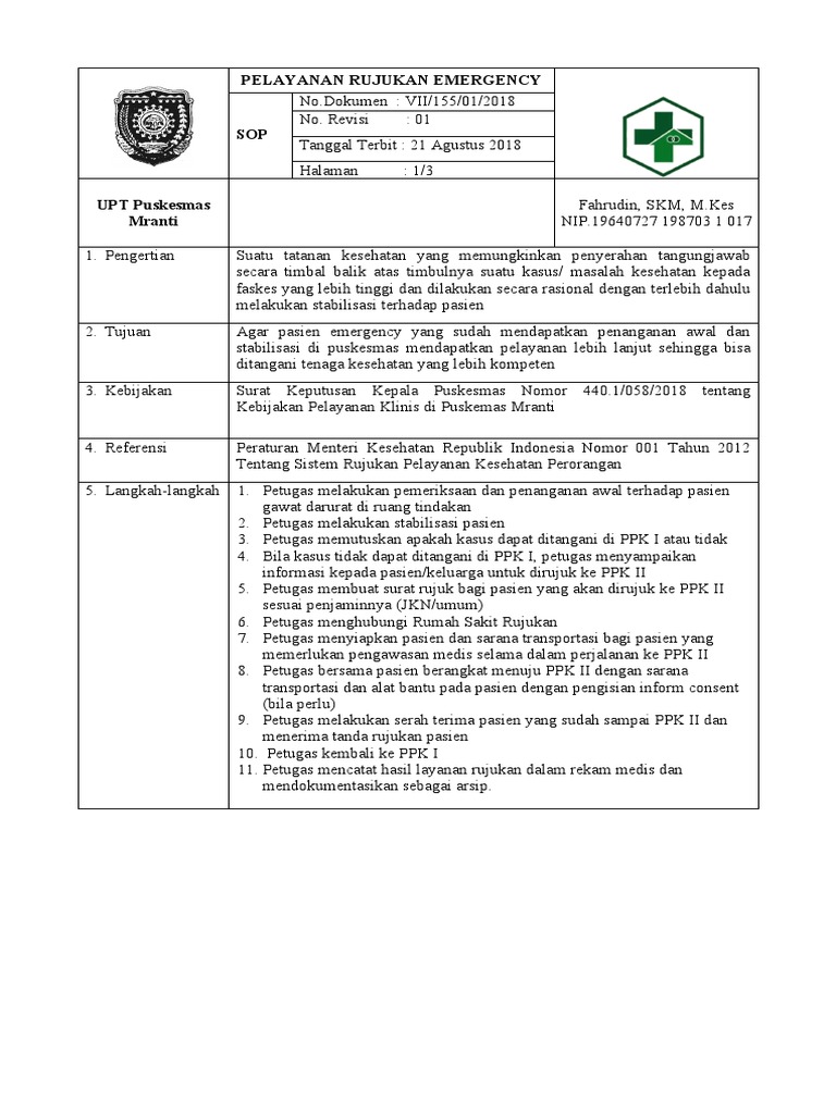 Sop Pelayanan Rujukan Emergency | PDF