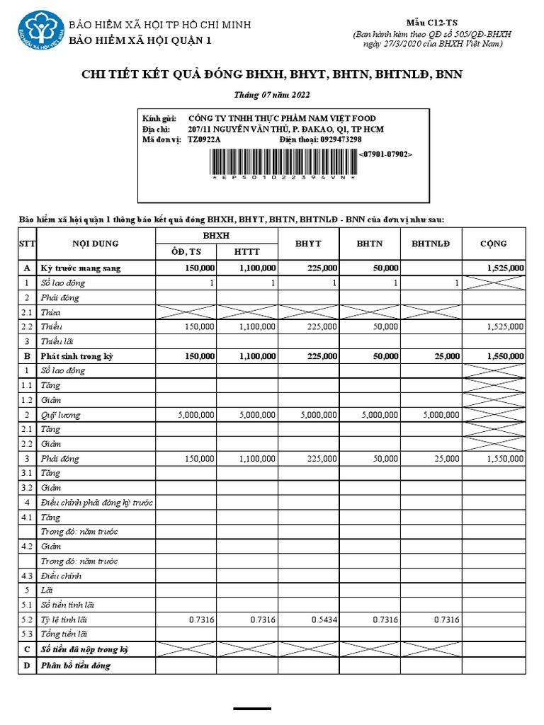 Chi Tiết Kết Quả Đóng Bhxh, Bhyt, Bhtn, Bhtnlđ, Bnn: Bảo Hiểm Xã Hội Quận 1 | PDF