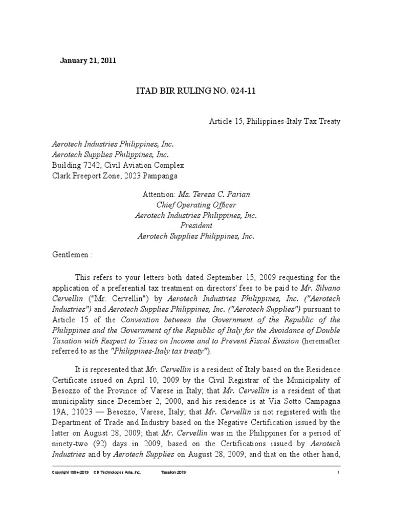 ITAD BIR Ruling 024-11 Directorsfees | PDF | Capital Gains Tax | Taxes