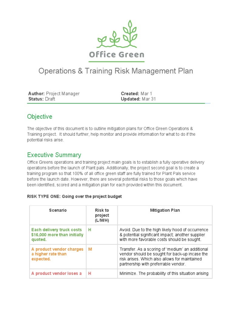 Office Green Operations & Training Risk Management Plan | PDF | Risk ...