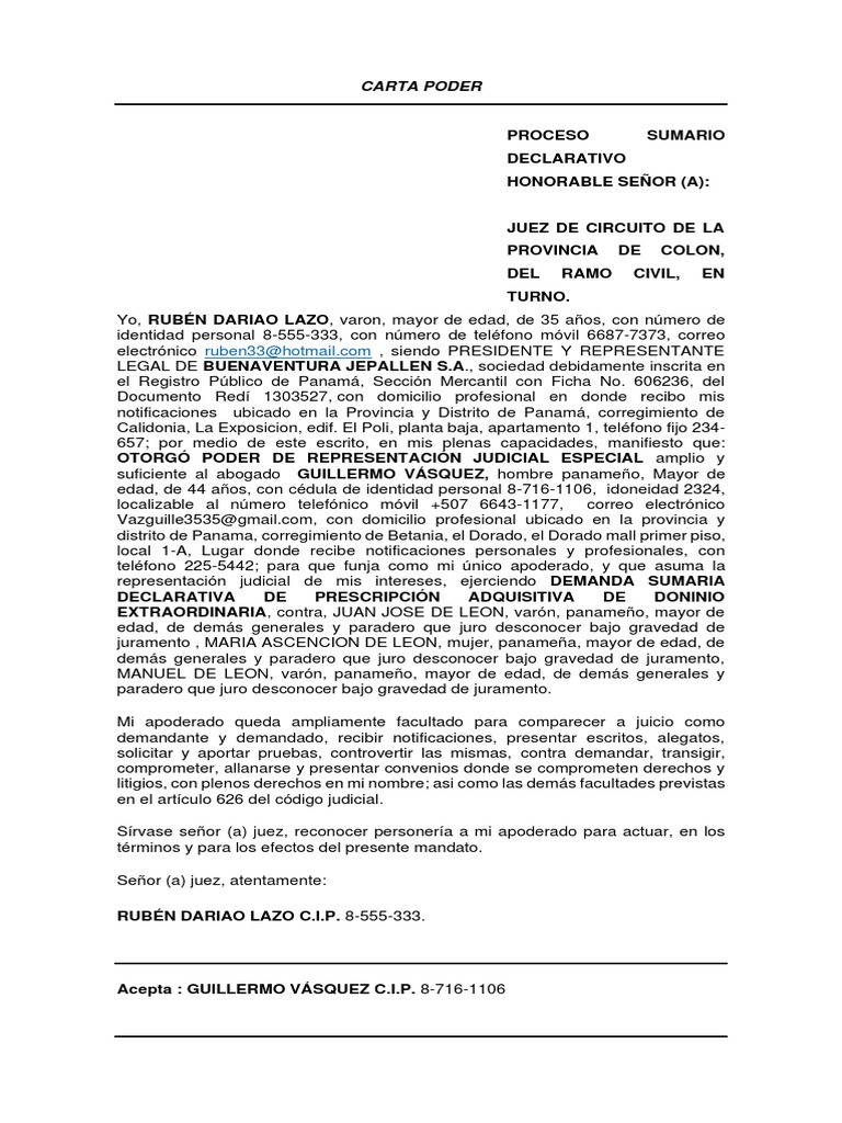Ejemplo de Demanda y Poder Guillermo | PDF | Panamá | Propiedad
