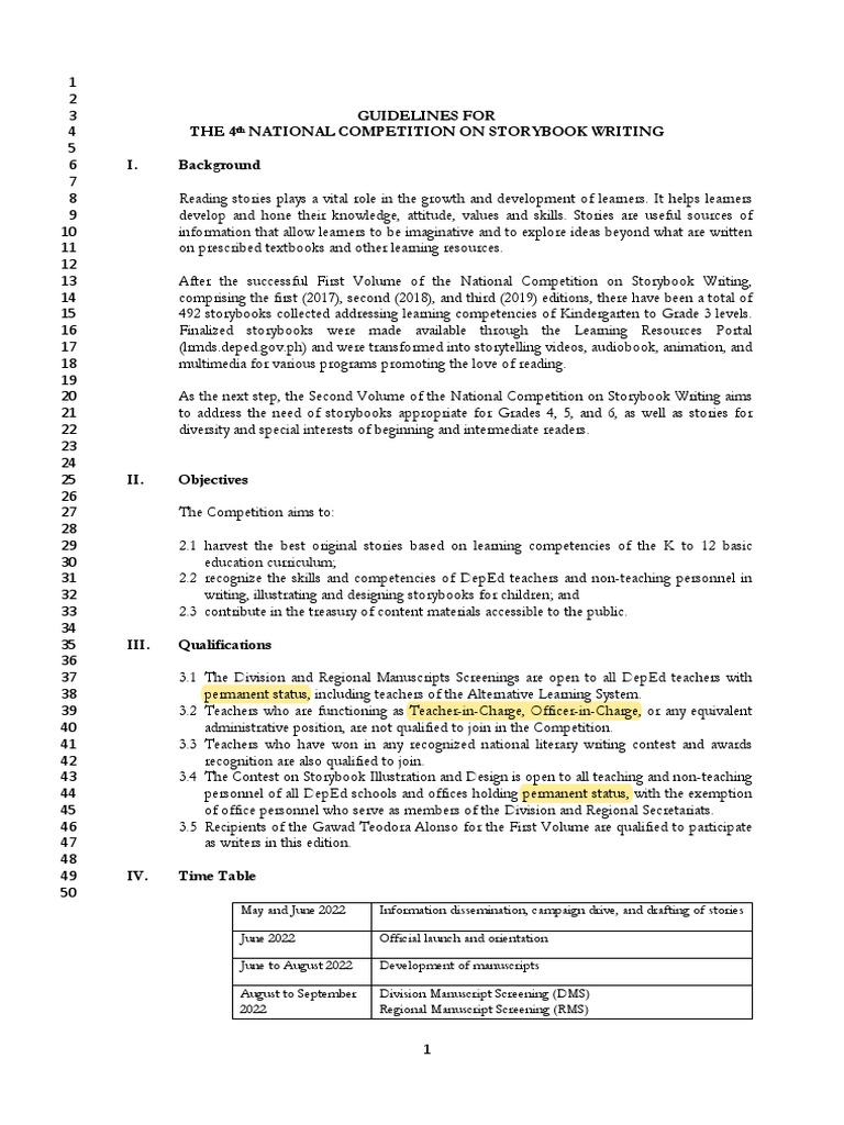 Draft Guidelines 4th National Competition On Storybook Writing For ...