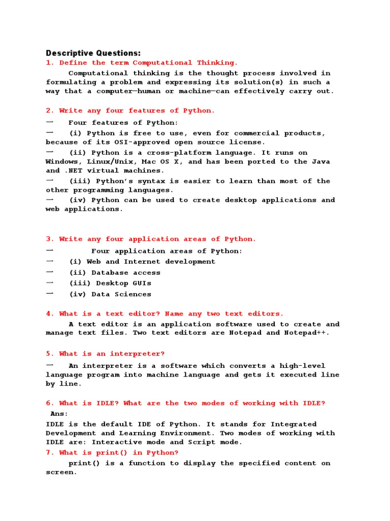 Descriptive Questions | Download Free PDF | Control Flow | Python ... Descriptive Questions | Download Free PDF | Control Flow | Python ...