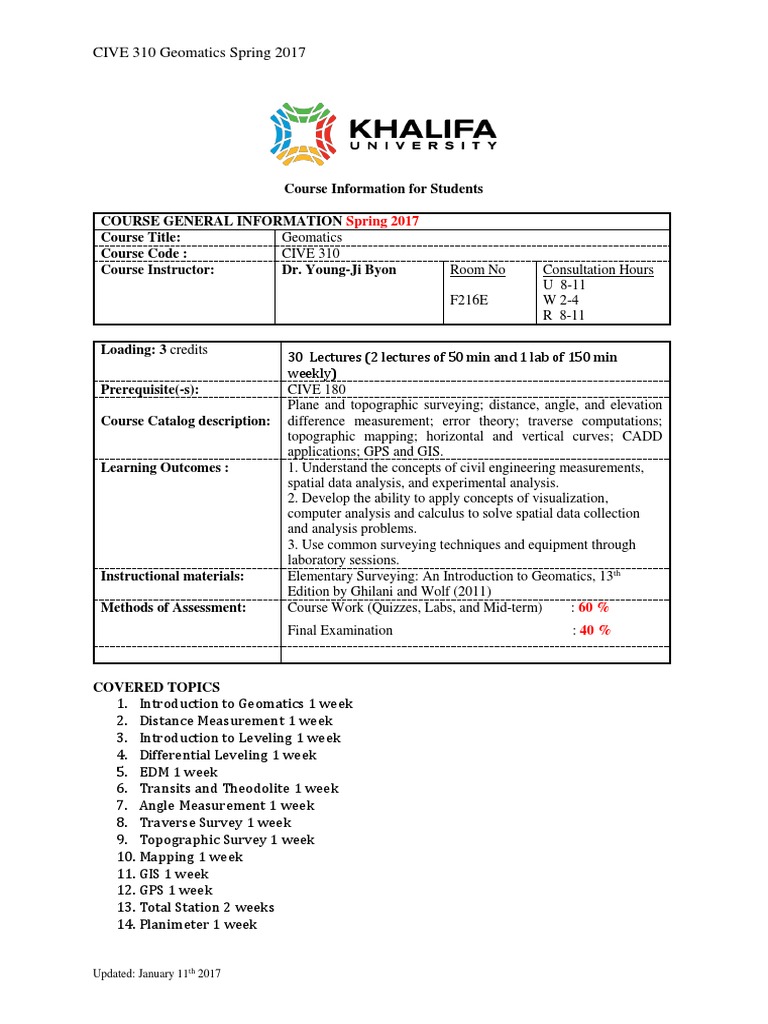 CIVE 310 Geomatics Course Overview | PDF | Surveying | Geomatics