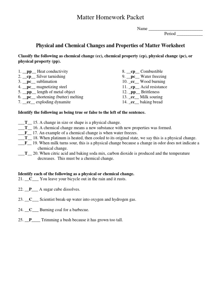 Matter Properties Packet Answers | PDF | Chemical Substances | Combustion