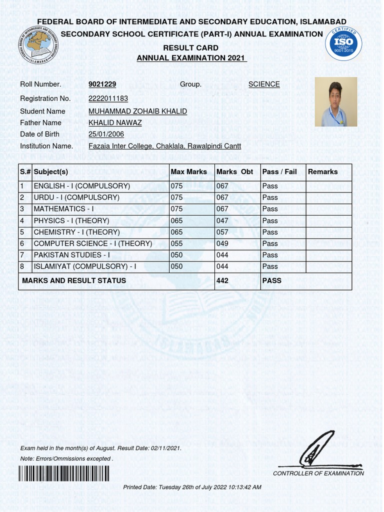 9th Class Result Card - 2021 | PDF