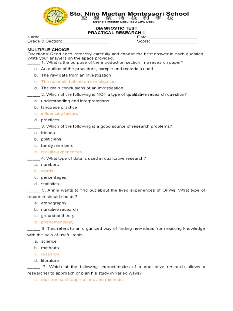 Practical Research 1 Diagnostic Test | PDF | Qualitative Research | Data