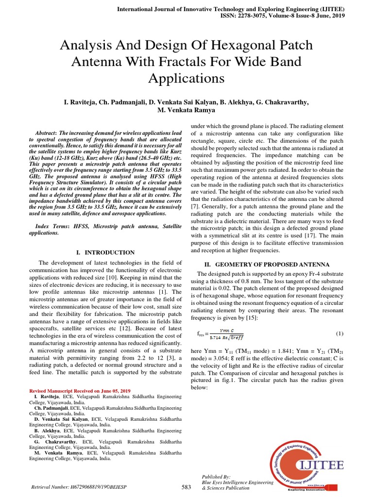 Analysis and Design of Hexagonal Patch Antenna With Fractals For Wide Band Applications | PDF ...