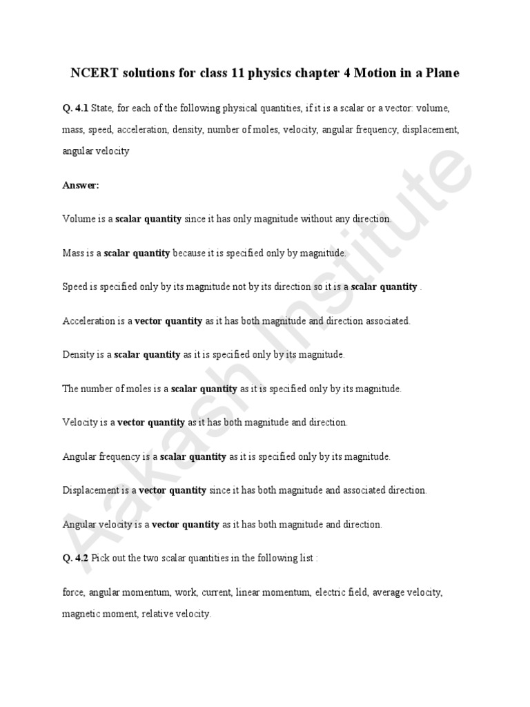 Ncert Solutions Class 11 Physics Chapter 4 Motion in A Plane - 0 | PDF | Acceleration ...