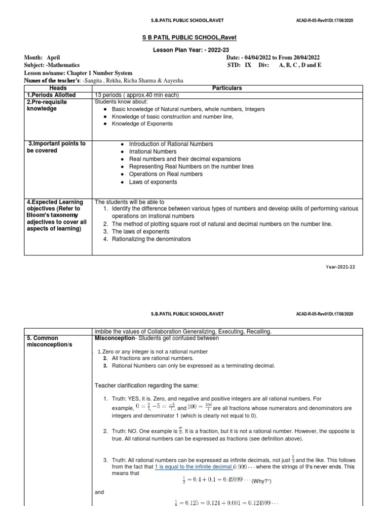 Lesson Plan Grade 9 - Number System | PDF | Numbers | Rational Number