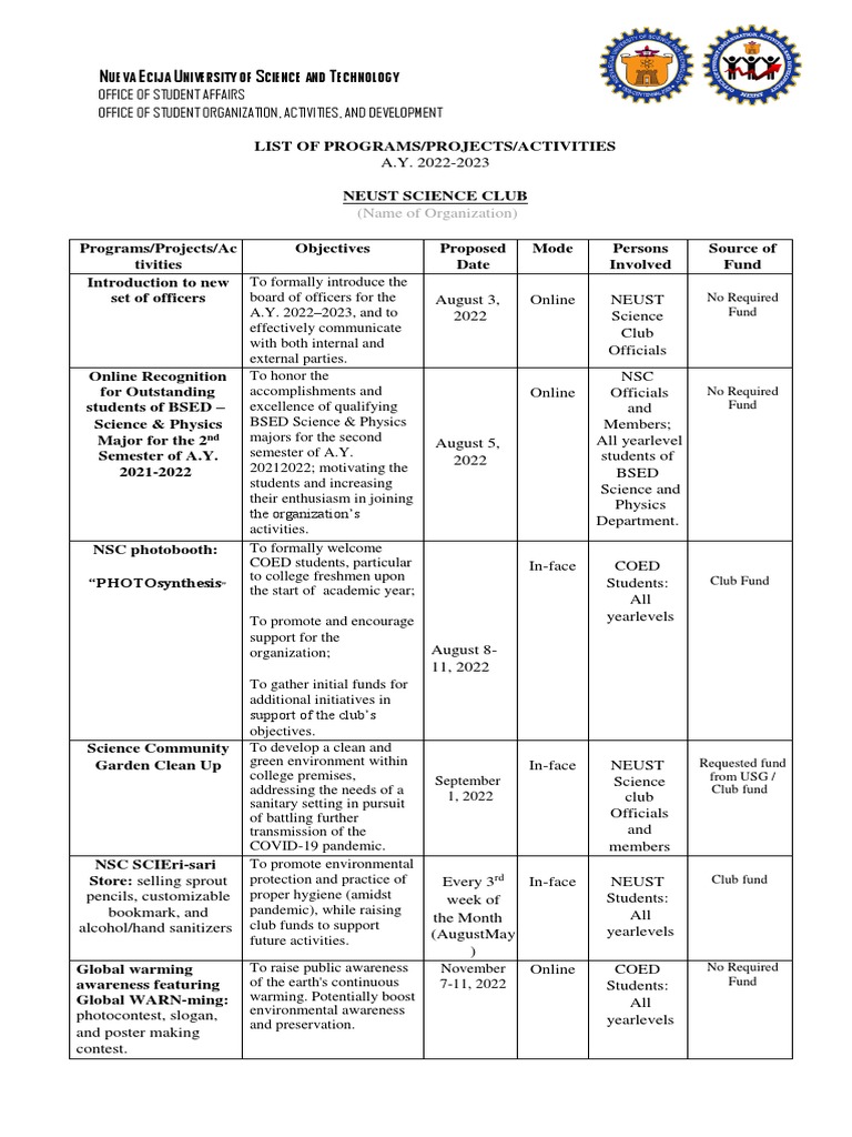 Neust Science Club Form 3 | PDF