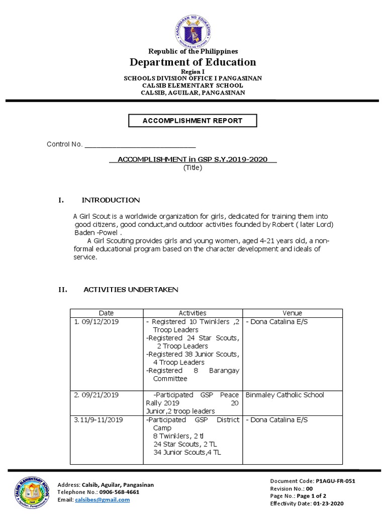 Accomplishment Report in Gsp 2019 2020 | PDF | Scouting | Youth