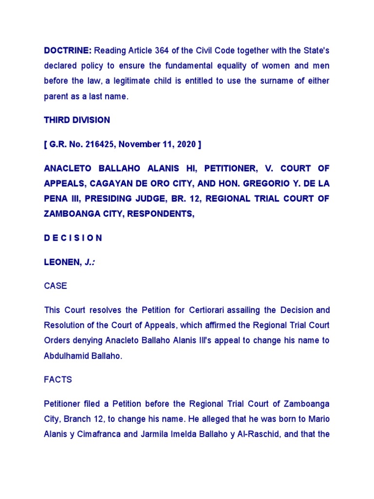 Alanis vs. CA: Surname Rights Case | PDF | Appeal | Certiorari