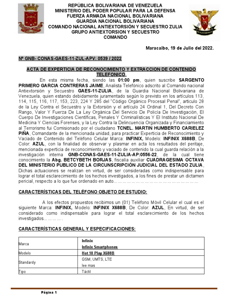 Acta de peritaje de reconocimiento y extracción de contenido de un ...