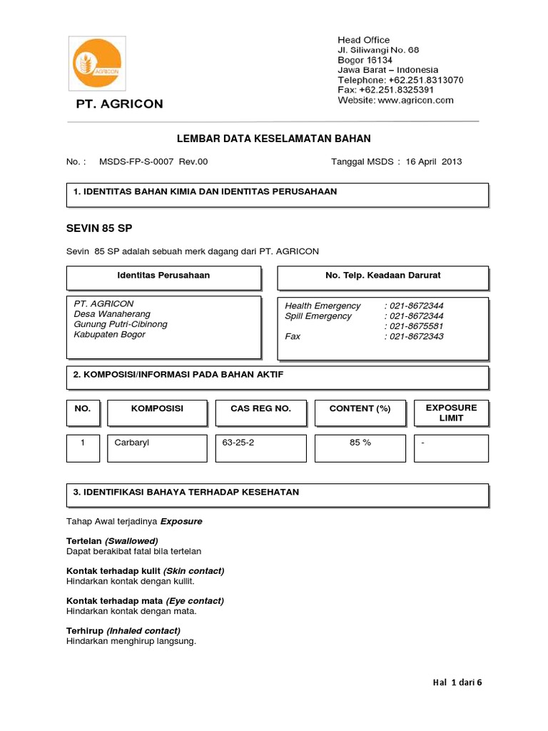MSDS-FP-S-0007 Rev.00 Sevin 85 SP | PDF