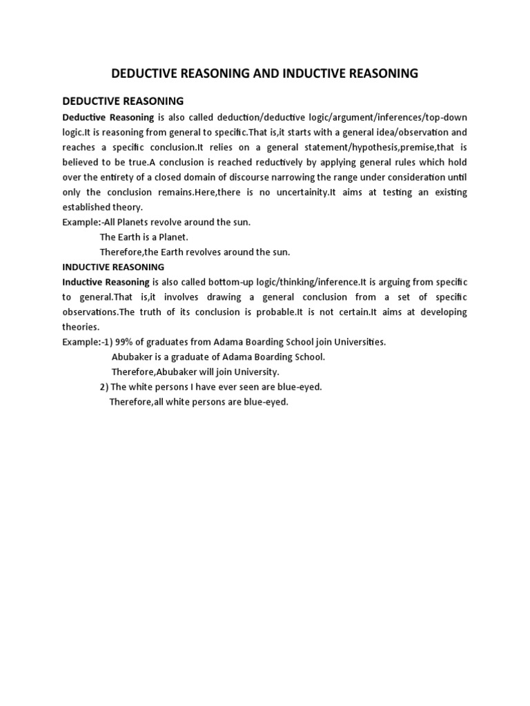 Deductive Reasoning and Inductive Reasoning | PDF