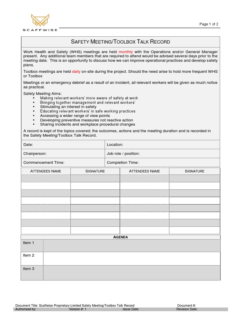 Safety Meeting Toolbox Talk | PDF | Occupational Safety And Health | Safety