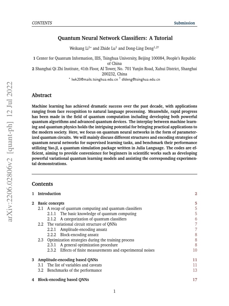 Quantum Neural Network Classifiers: A Tutorial: Submission | PDF | Quantum Computing | Cybernetics