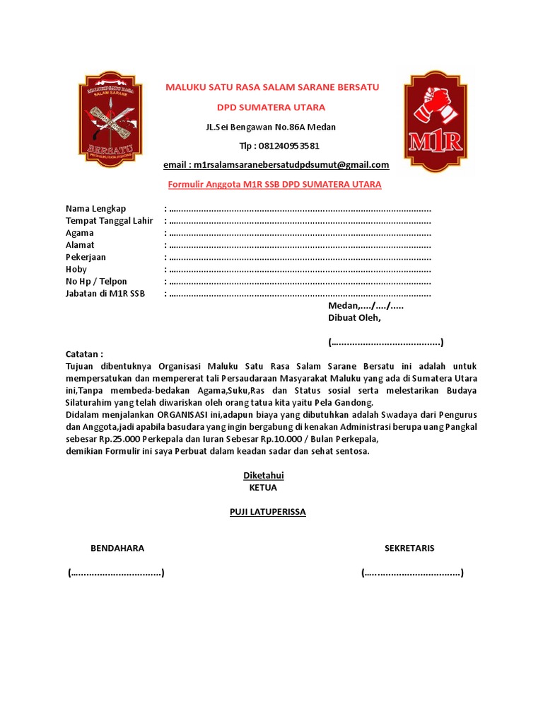 Formulir M1R SSB DPD SUMUT | PDF