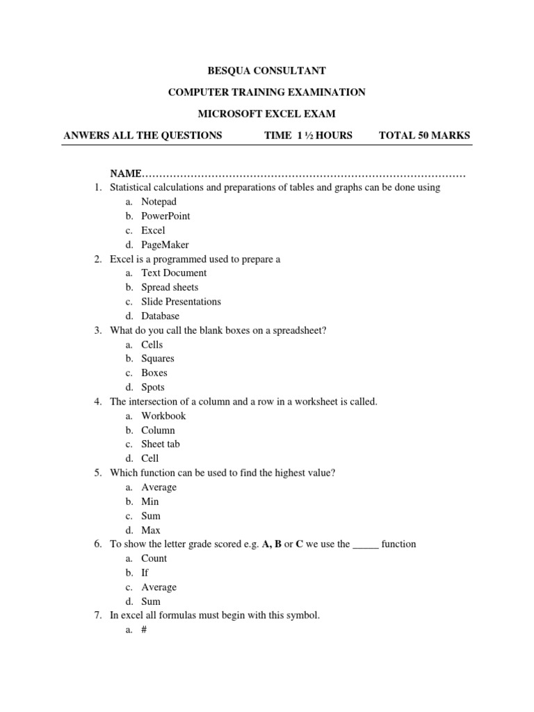 Excel Exam | PDF | Microsoft Excel | Spreadsheet