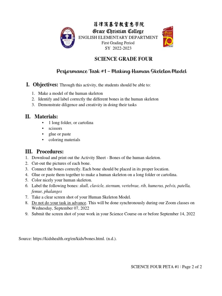 Science Four Performance Task No. 1 Human Skeleton 4 | PDF