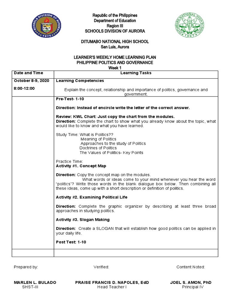 Weekly Home Learning Plan Q1, Week 1 | PDF | Learning | Behavior Modification