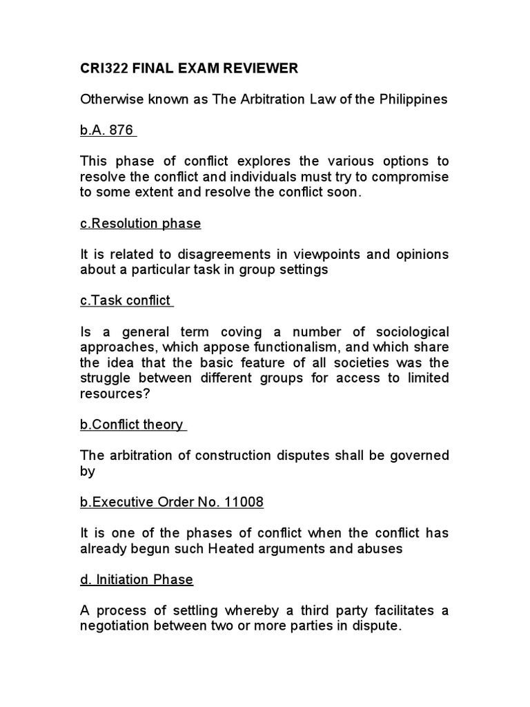 Cri322 Final Exam Reviewer | PDF | Conflict (Process) | Mediation