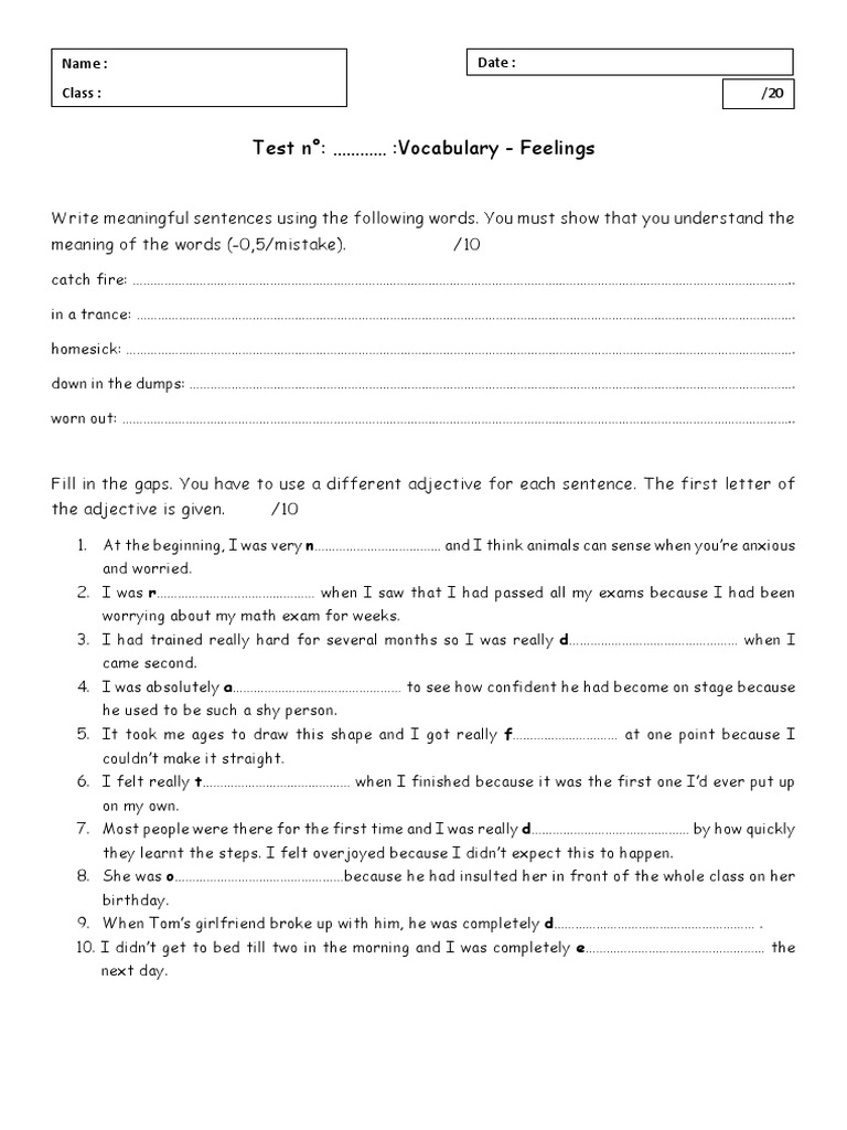 Vocabulary Test: Feelings and Emotions | PDF