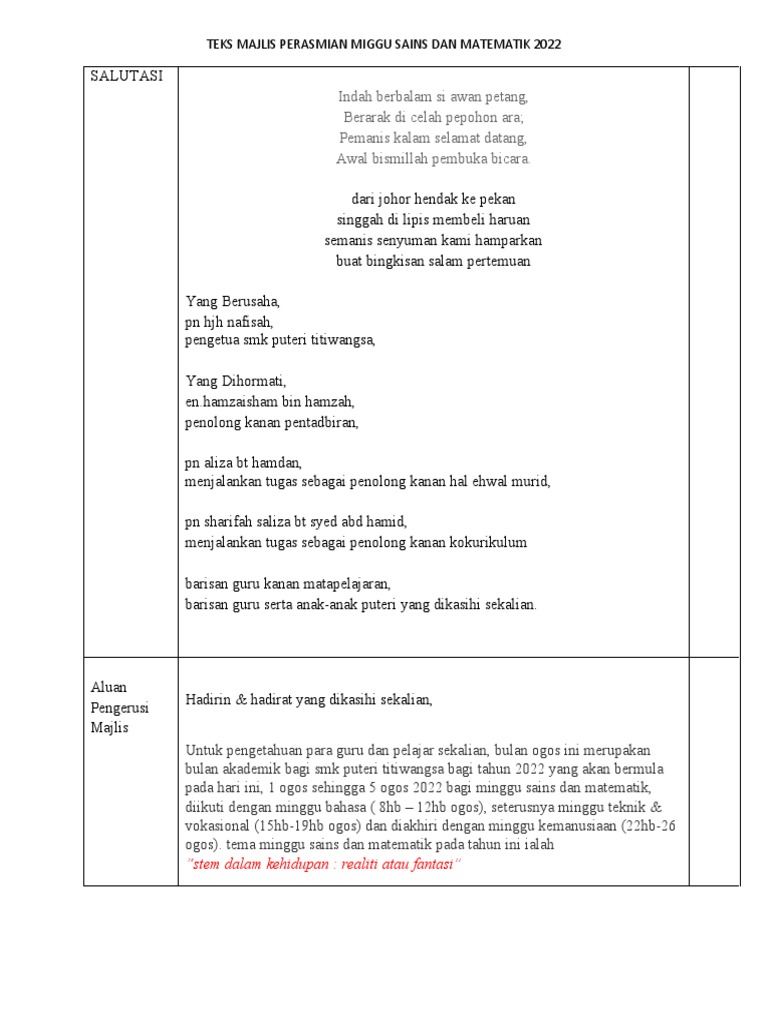 Skrip MC Minggu Sains Dan Matematik 2022 | PDF