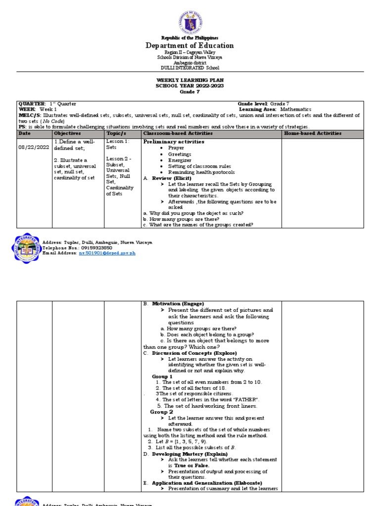 G7-W1-Weekly Learning Plan | PDF | Empty Set | Square Root