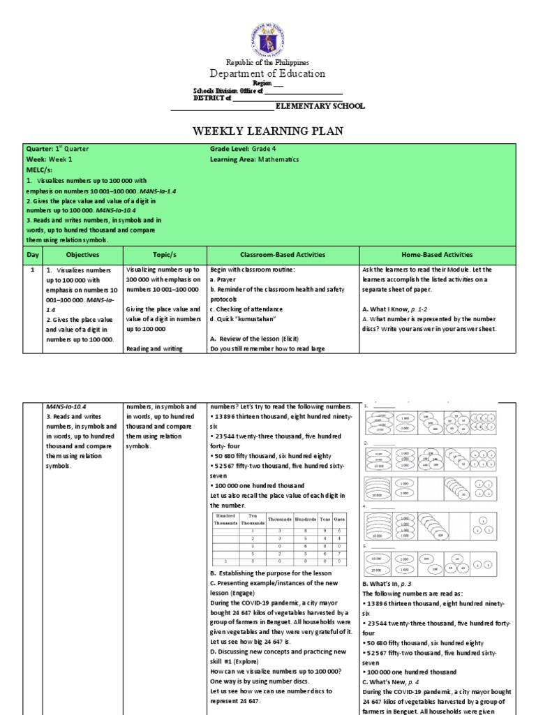 AEE Math4 WLP Q1 Week1 | PDF | Learning | Numbers